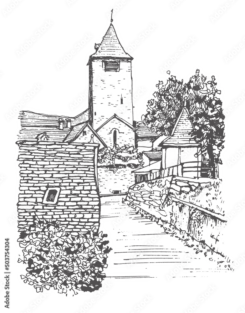 Travel sketch of Autoire, France. Hand drawing of old town. The most ...