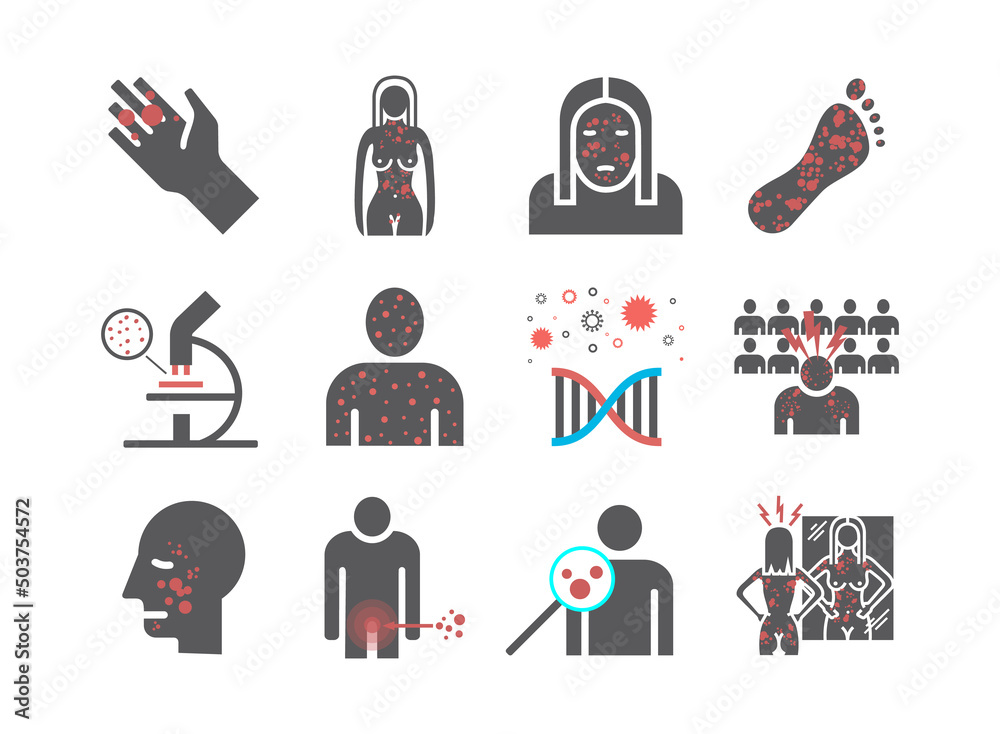 Psoriasis icons set. Symptoms, Treatment. Vector signs for web graphics ...
