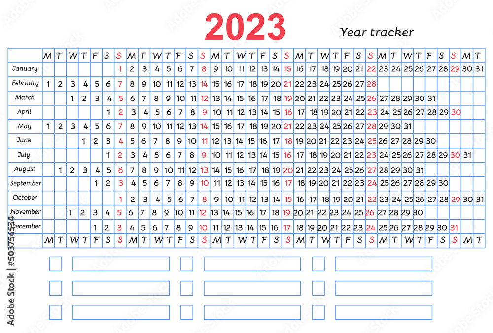 Calendar mood and habit tracker grid 2023 year. Vector design with blue ...