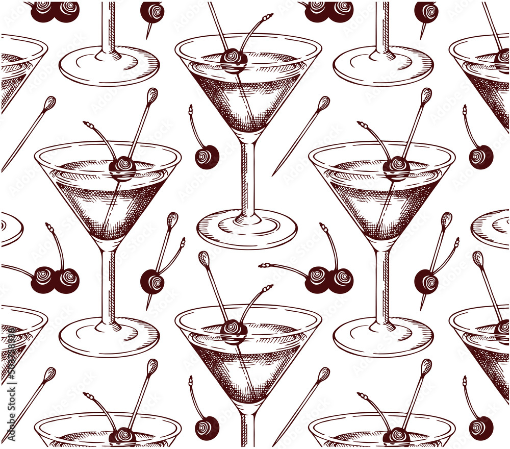 Sketch hand drawn pattern of Manhattan cocktail in glass with brandied ...