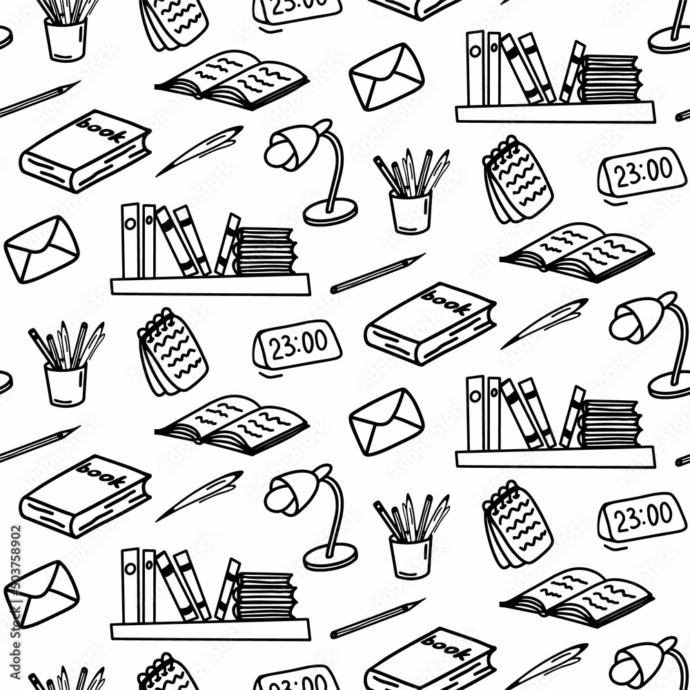 Hand drawn seamless pattern with notepad, notebook, book, table lamp ...