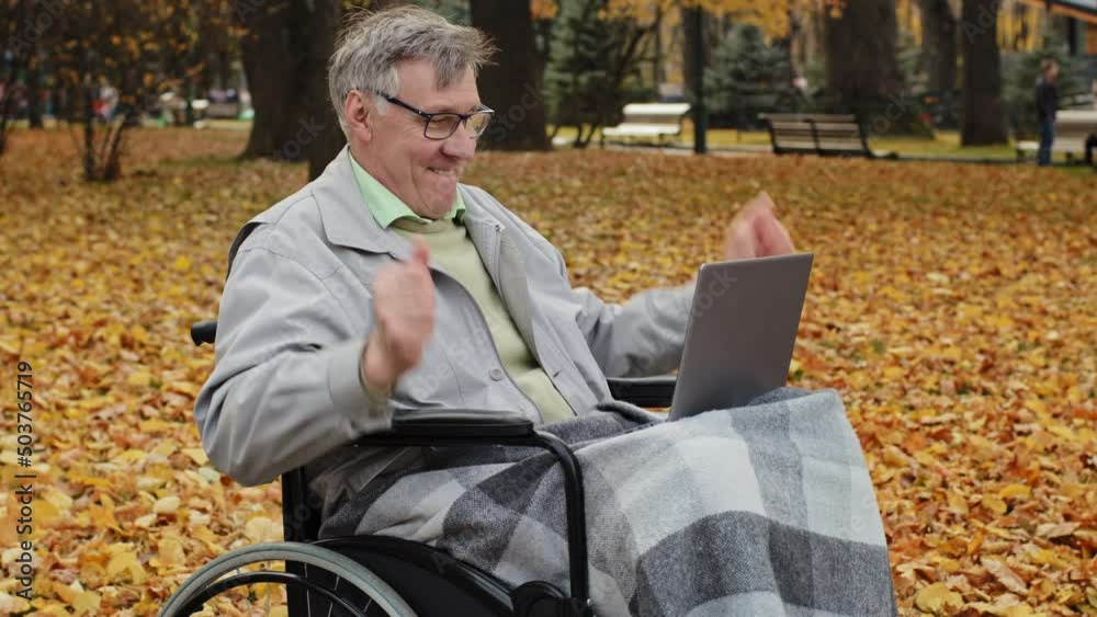 Happy senior caucasian elder male handicapped person grandpa sit alone ...