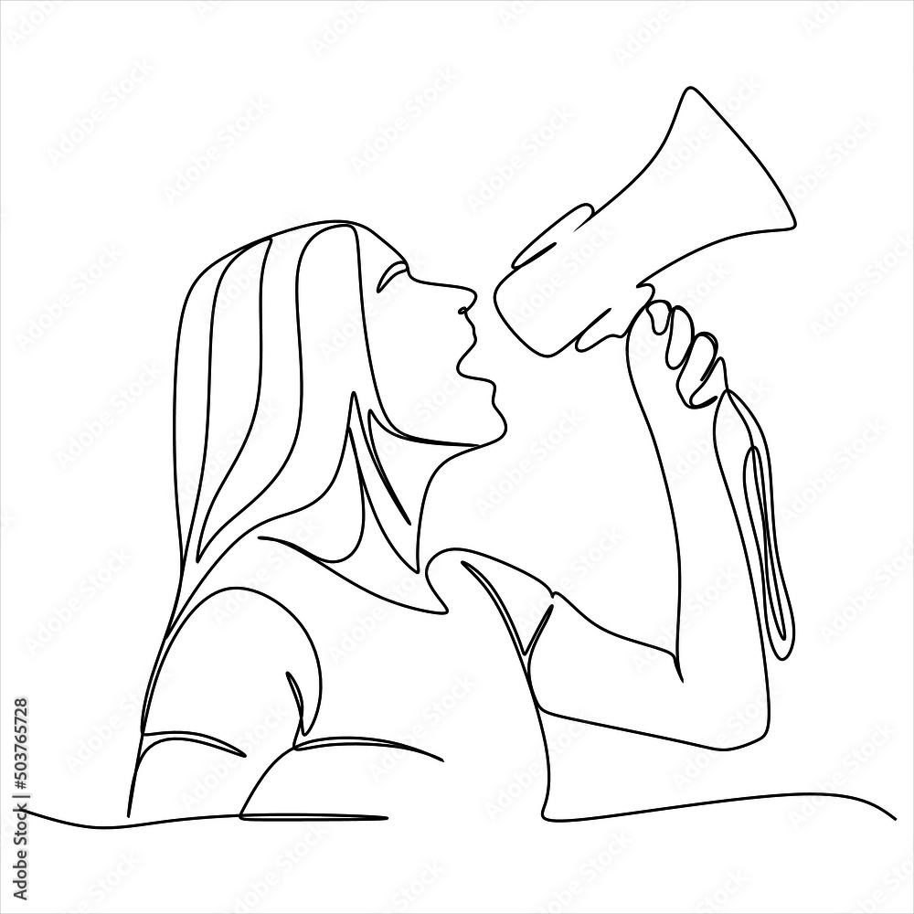 One continuous line drawing of a girl with a megaphone .Вeautiful woman ...