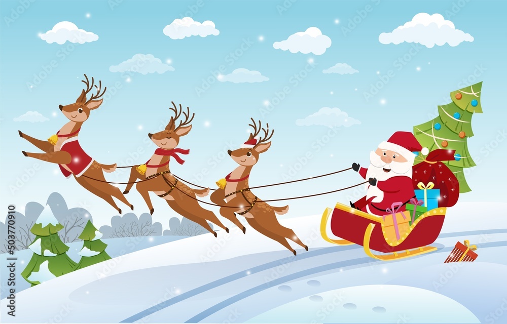 Cute cartoon Santa Claus riding a reindeer sleigh Merry Christmas ...