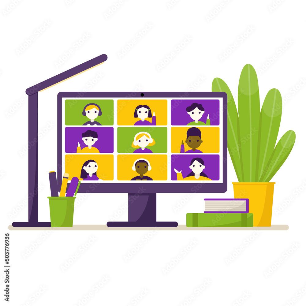 Online school concept vector illustration. Teacher with students on ...
