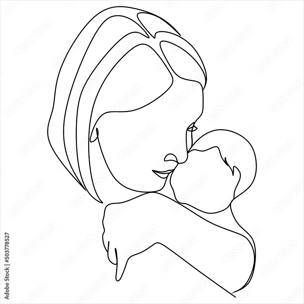 Abstract mother with a child in continuous one line drawing art style ...