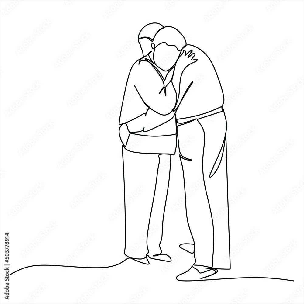 Elderly couple in continuous line art drawing style. Senior man and ...