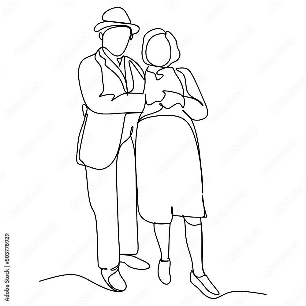 Elderly couple in continuous line art drawing style. Senior man and ...