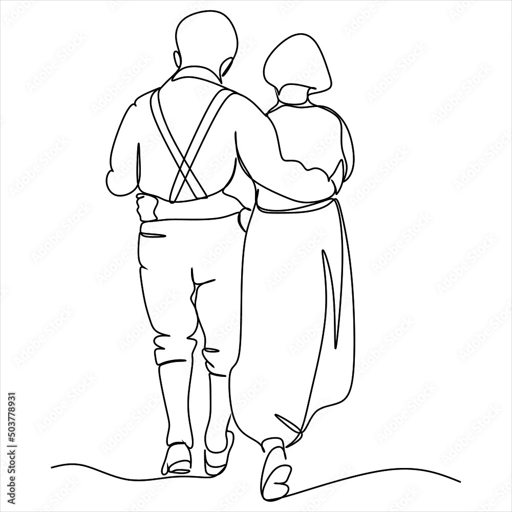 Elderly couple in continuous line art drawing style. Senior man and ...