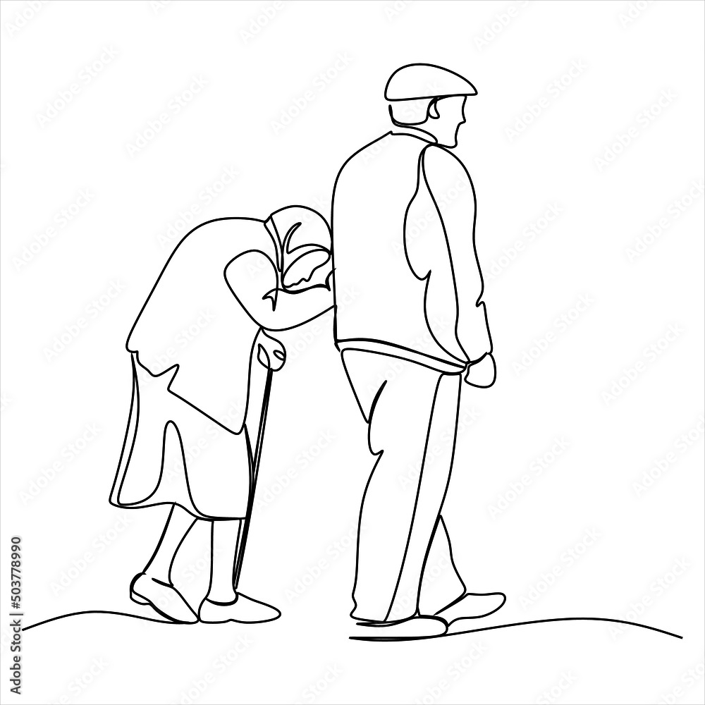 Elderly couple in continuous line art drawing style. Senior man and ...