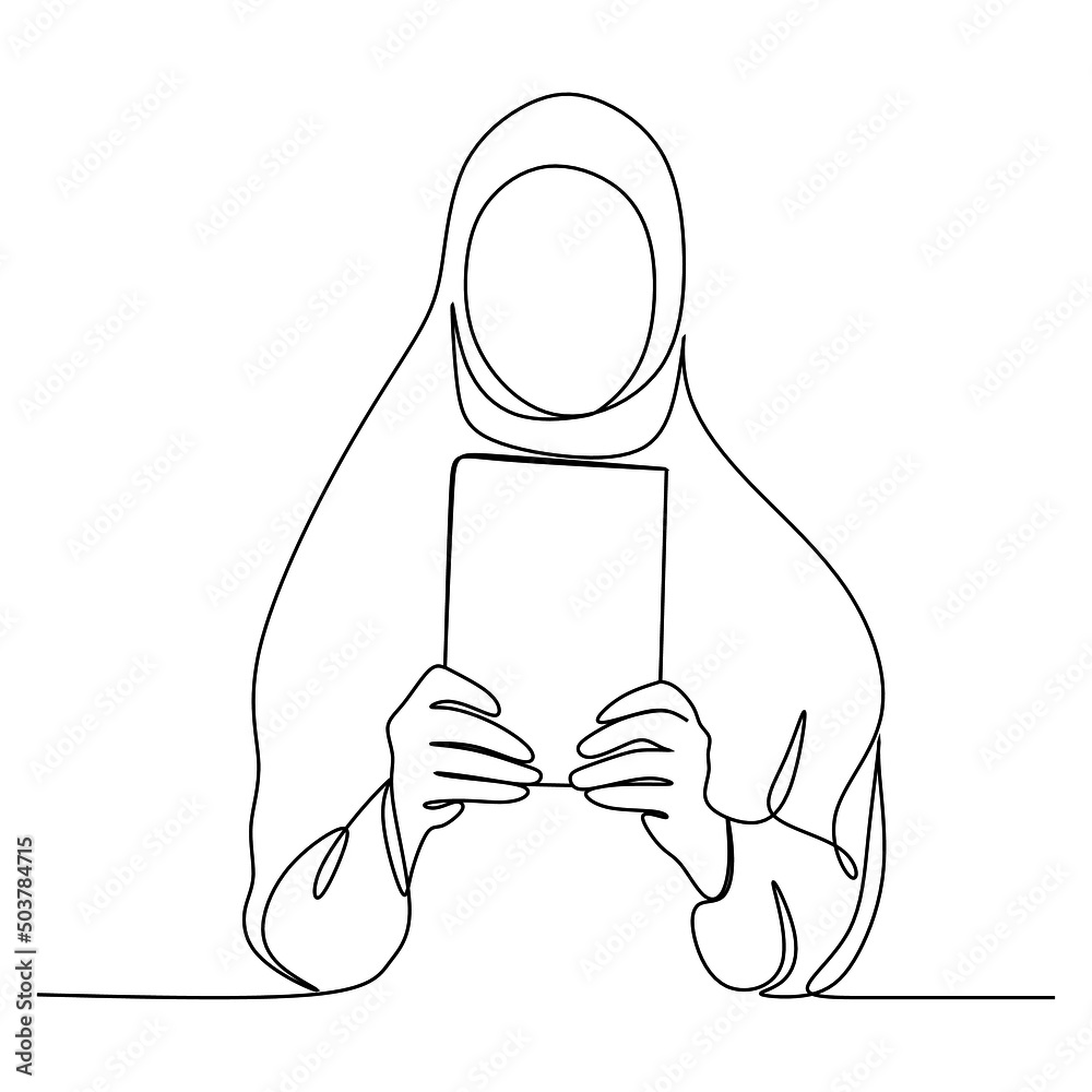 continuous single drawn one line Muslim girl student drawn by hand ...