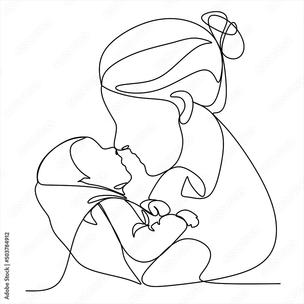 Abstract mother with a child in continuous one line drawing art style ...