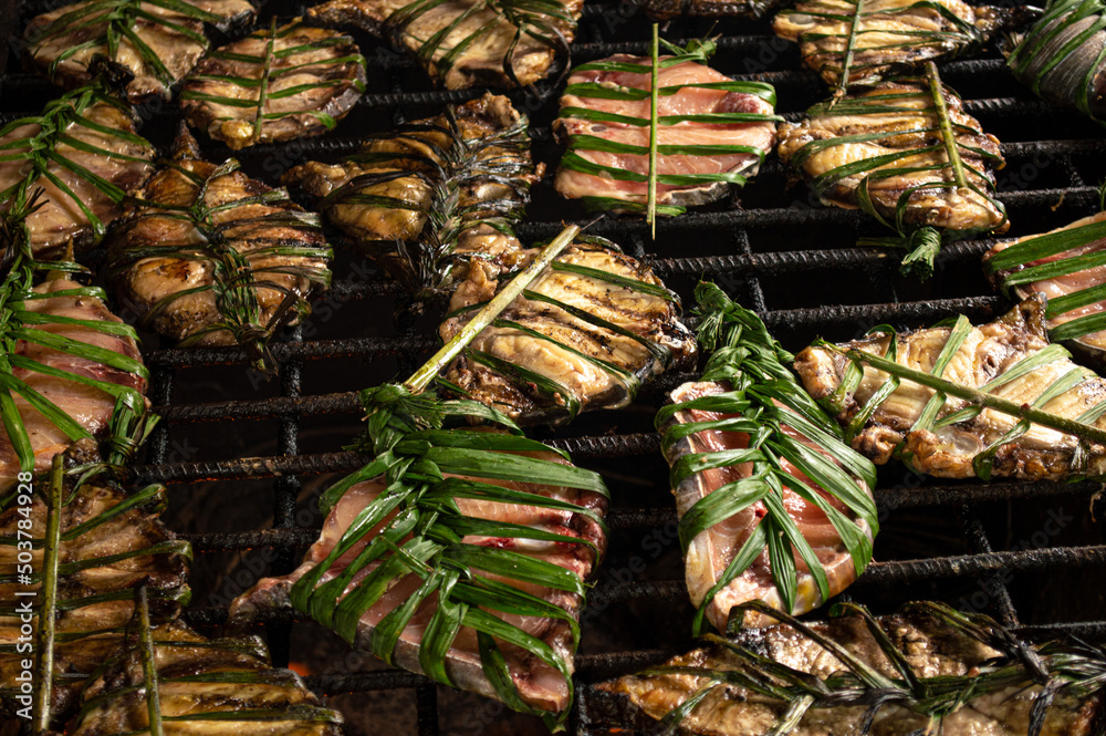 steamed or smoked fish, typical food different presentation ...