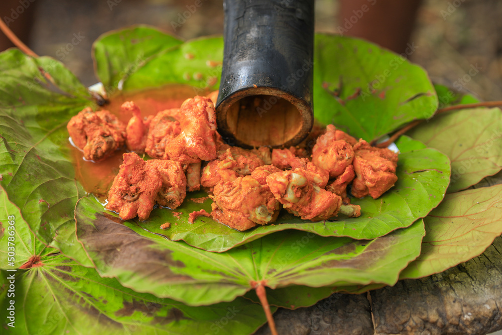 Bamboo chicken, chicken cooked in bamboo,rice cooked in bamboo,bongu ...