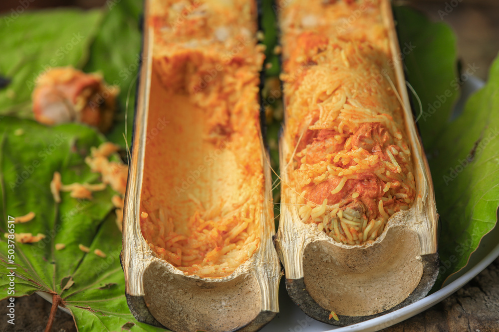 Bamboo chicken, chicken cooked in bamboo,rice cooked in bamboo,bongu ...