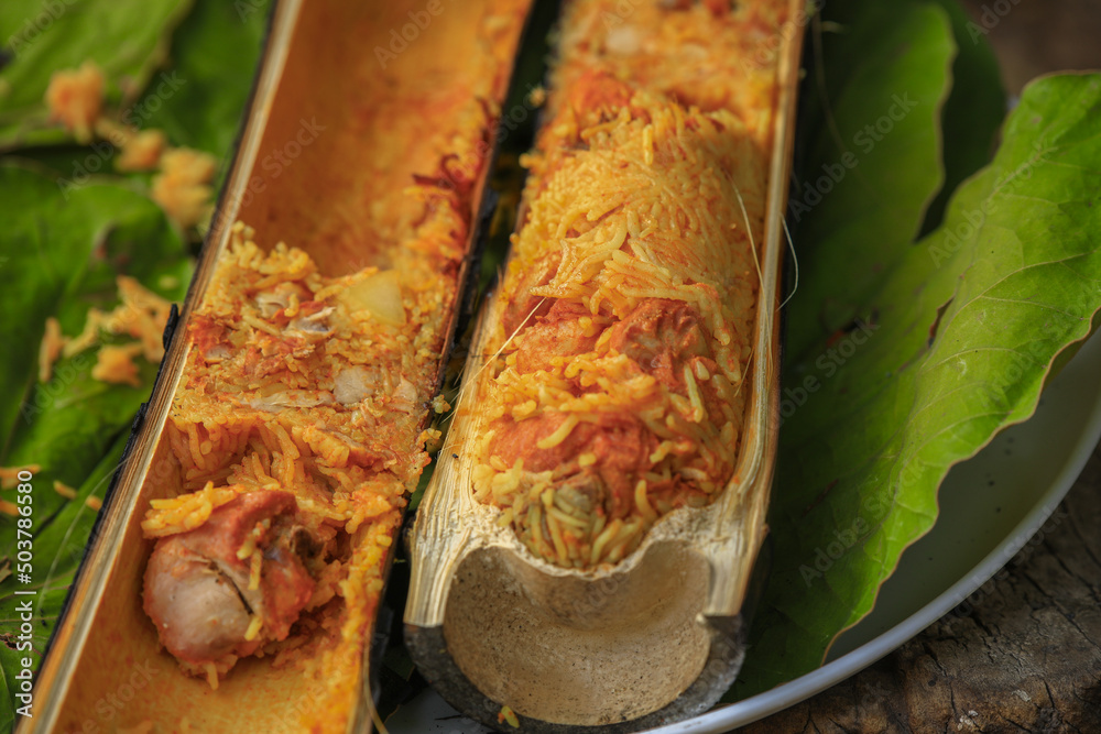 Bamboo chicken, chicken cooked in bamboo,rice cooked in bamboo,bongu ...