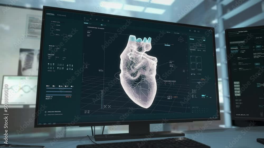 Hi tech machine software is converting a heart blueprint data. Hi tech ...