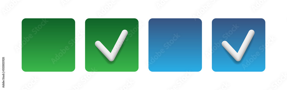 Checkbox. White 3d check mark on a green and blue square background ...