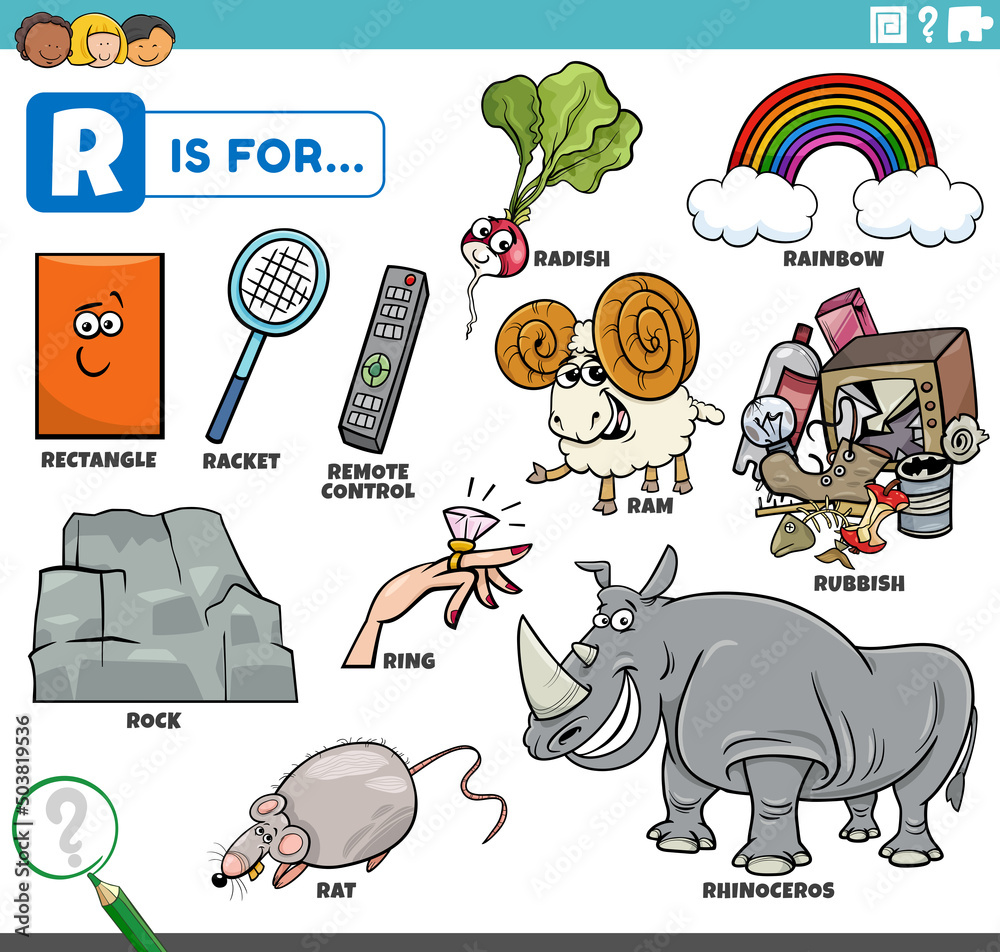 letter r words educational set with cartoon characters Stock Vector ...