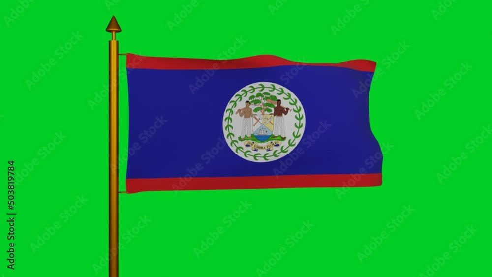 National flag of Belize waving 3D Render with flagpole on chroma key ...