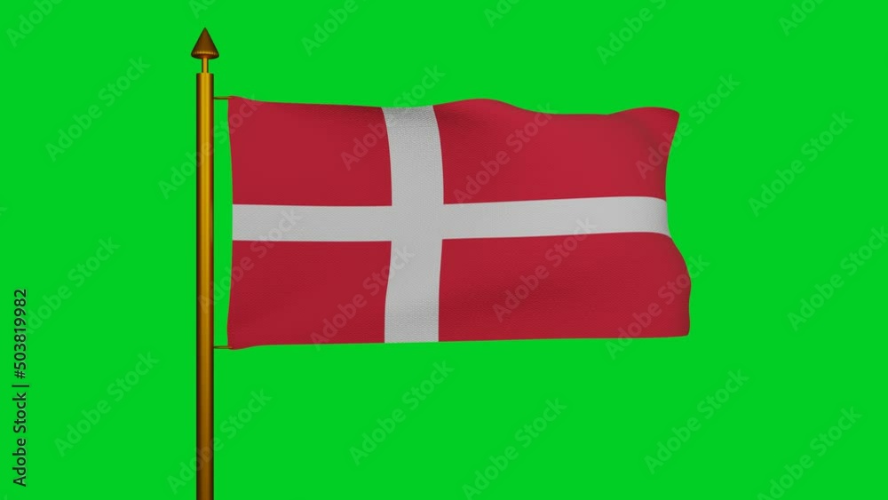 National flag of Denmark waving 3D Render with flagpole on chroma key ...
