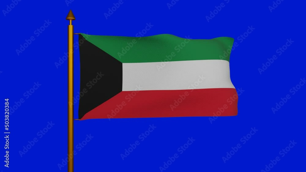 National flag of Kuwait waving 3D Render with flagpole on chroma key ...