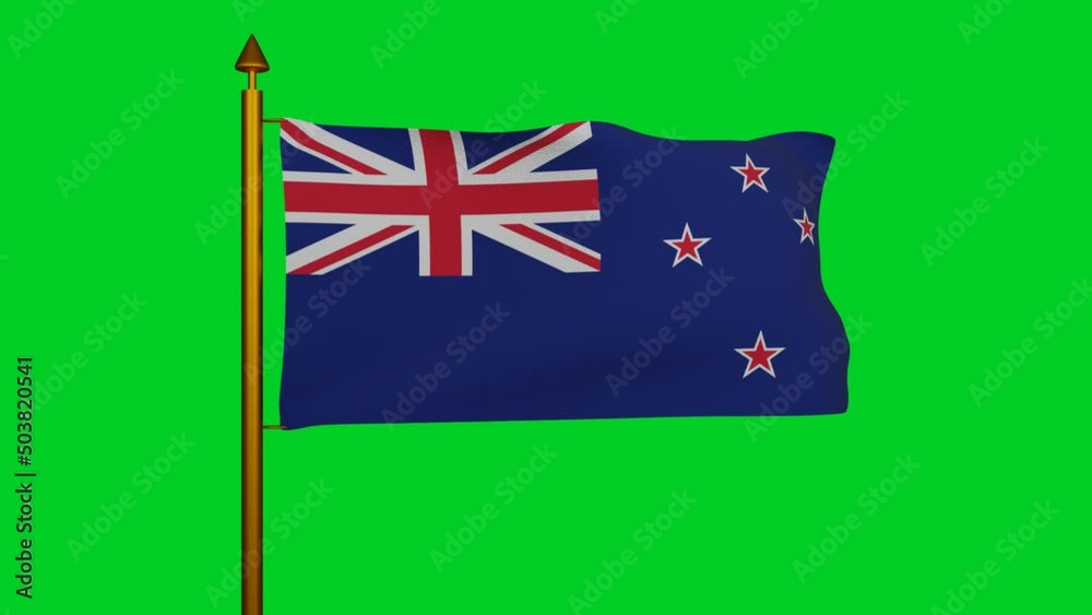 National flag of New Zealand waving 3D Render with flagpole on chroma ...