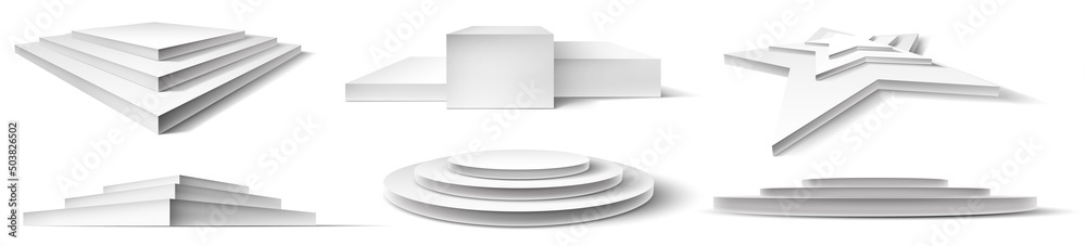 Realistic podium. White 3d empty podiums, pedestal and platform ...