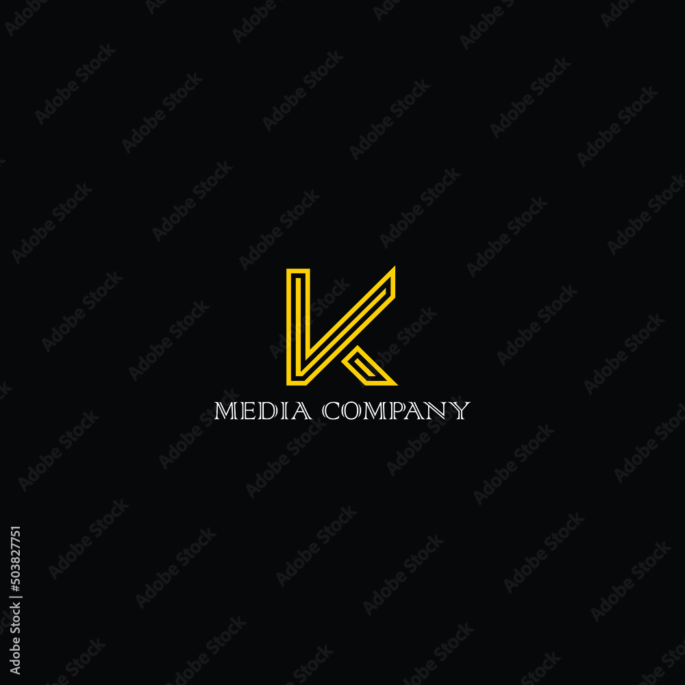 abstract initial letter k and v in yellow strip color isolated in black ...
