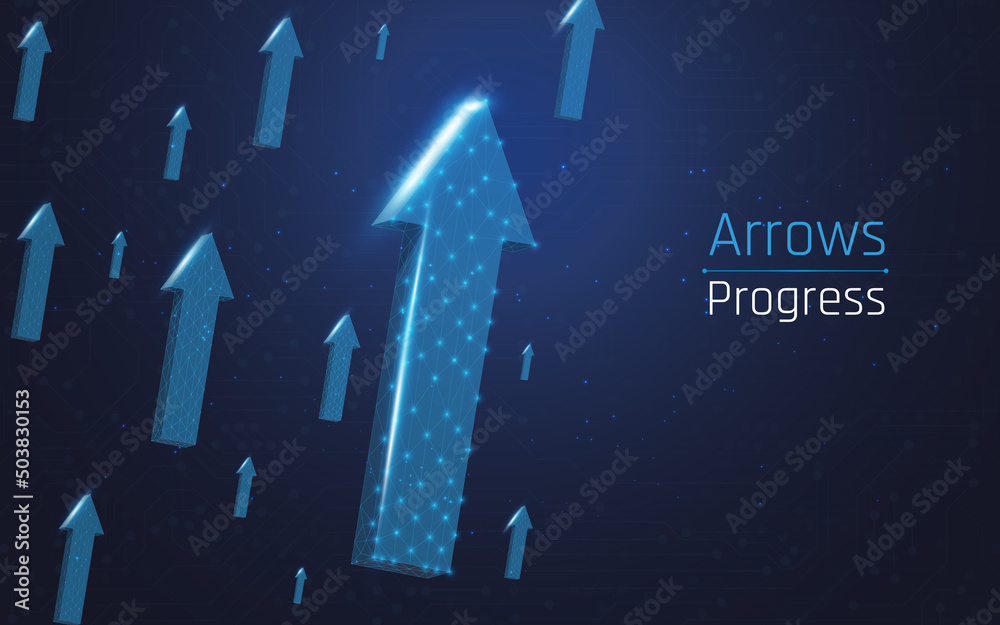 business concept. Up arrow .Growing graph in wireframe and plexus style ...