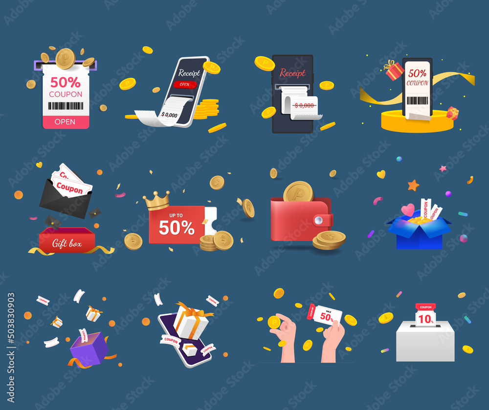 Various coupon for envelope design illustration set. gift, discount ...