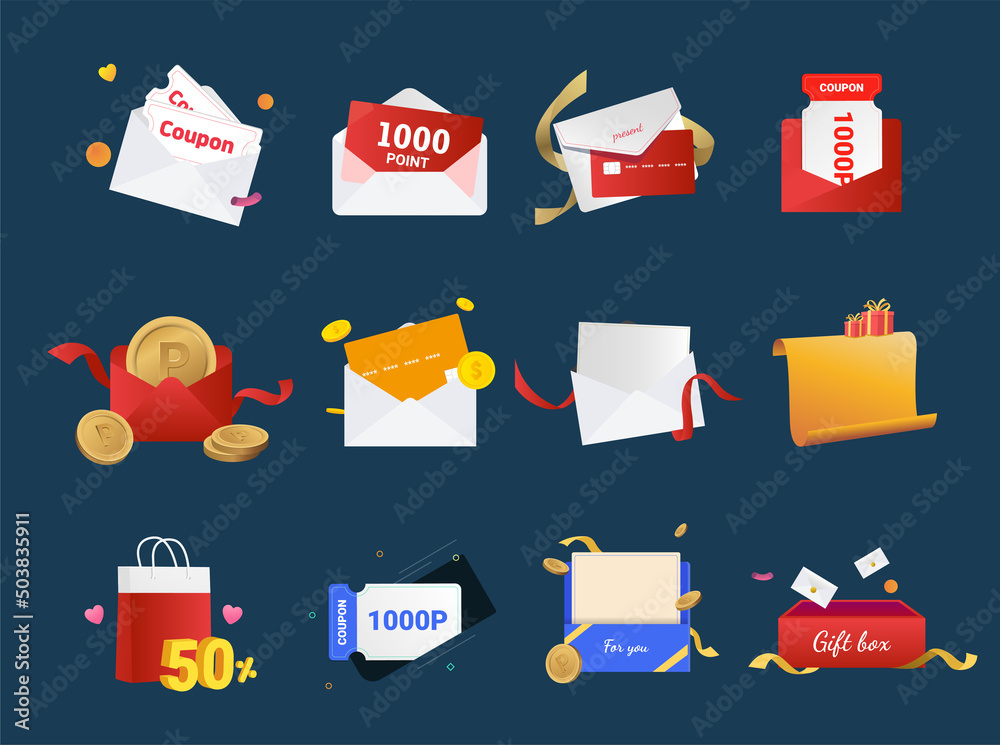 Various coupon for envelope design illustration set. gift, discount ...