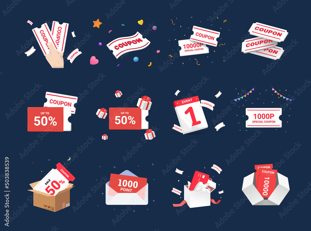 event coupon bundle illustration set. 3d, present, coin, gift box ...