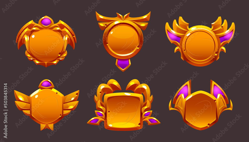 Golden game award badges, level ui icons. Empty gold frames, banners ...