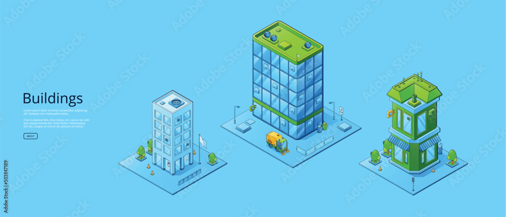Buildings poster with isometric house, office and store isolated on ...