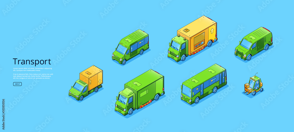 Transport poster with isometric trucks and buses. Vector horizontal ...