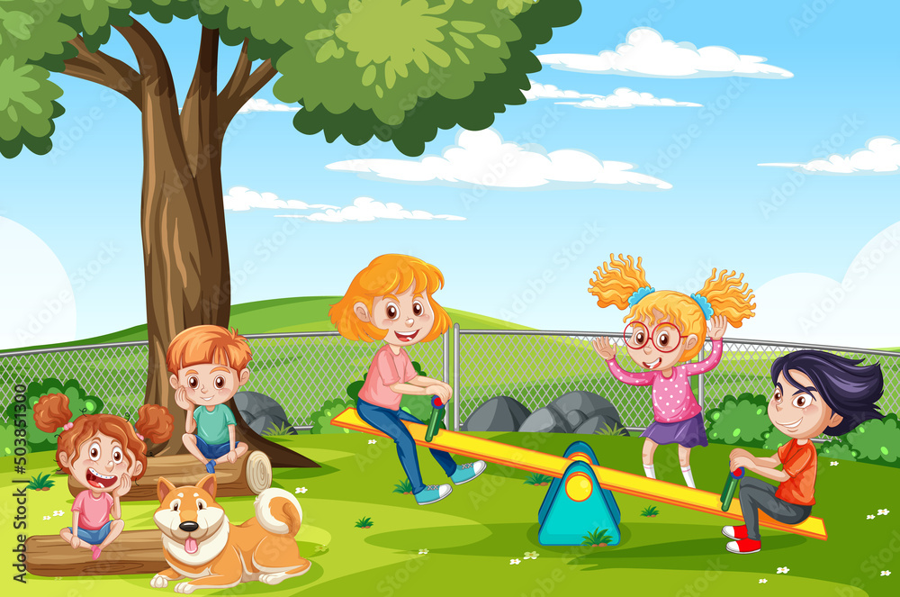 Happy children playing at playground Stock Vector | Adobe Stock