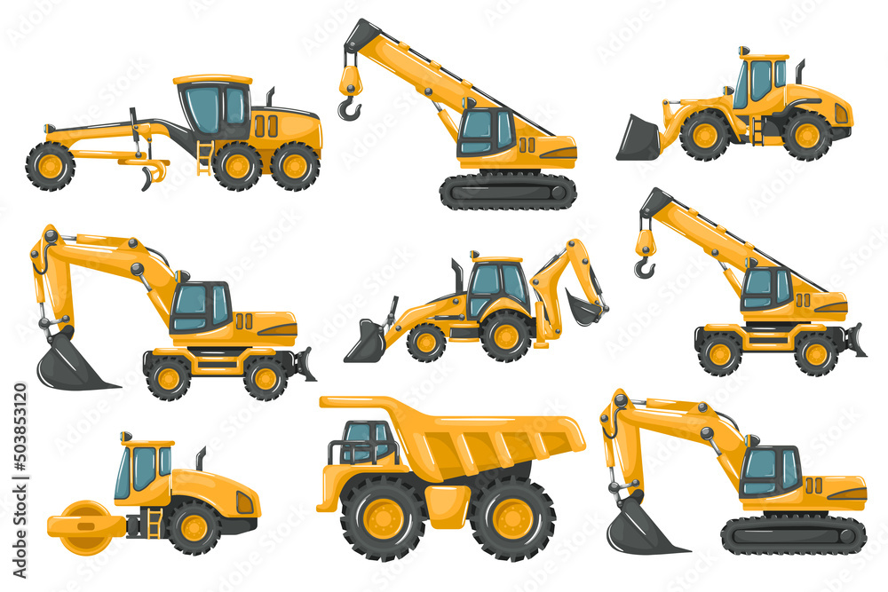Set of cartoon heavy machinery for construction and mining, motor ...