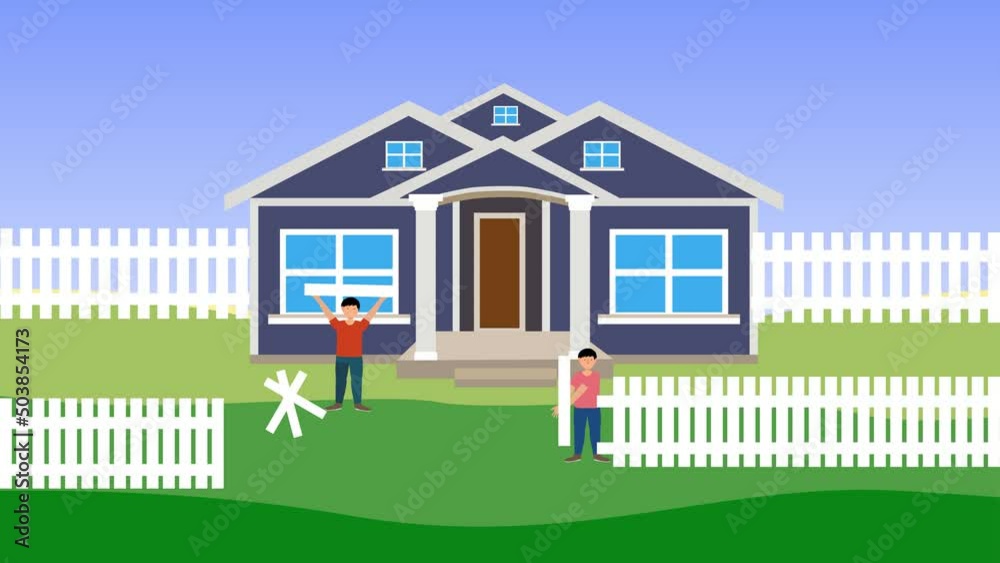 Building a white fence around a modern house 4K animation. Boys are ...