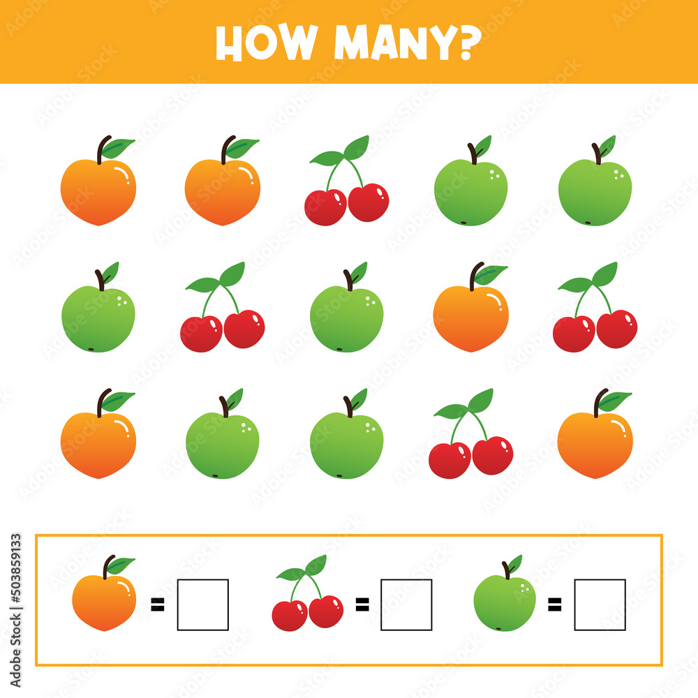 Educational game for kids, children. How many fruits. Game-based math ...