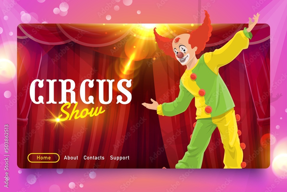 Shapito circus cartoon clown, website landing page or online vector ...