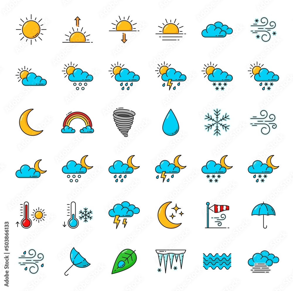Weather forecast color outline icons. Meteorology, temperature, climate ...