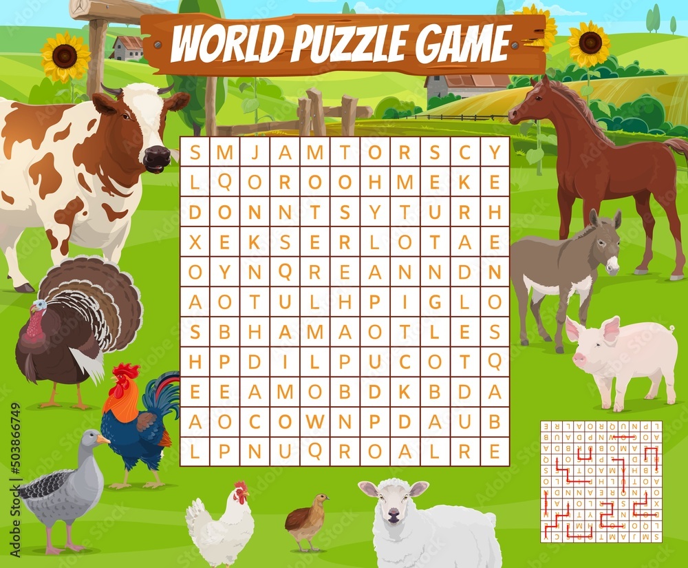 Cartoon farm animals on word search puzzle game worksheet. Children ...