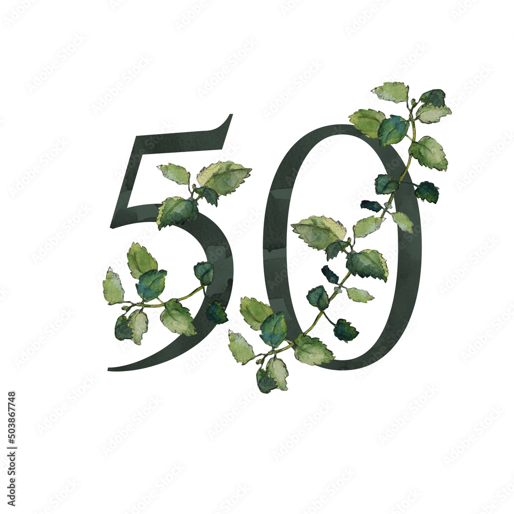 Dark green decorative floral alphabet — number Fifty (50) symbol with ...