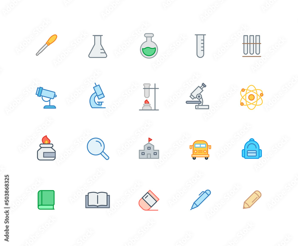 Collection of Science color icons. Set of Alcohol lamp, experiment ...