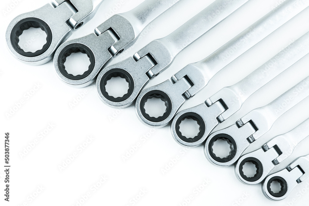 set of spanners on white background. cap wrenches with ratchet Stock ...