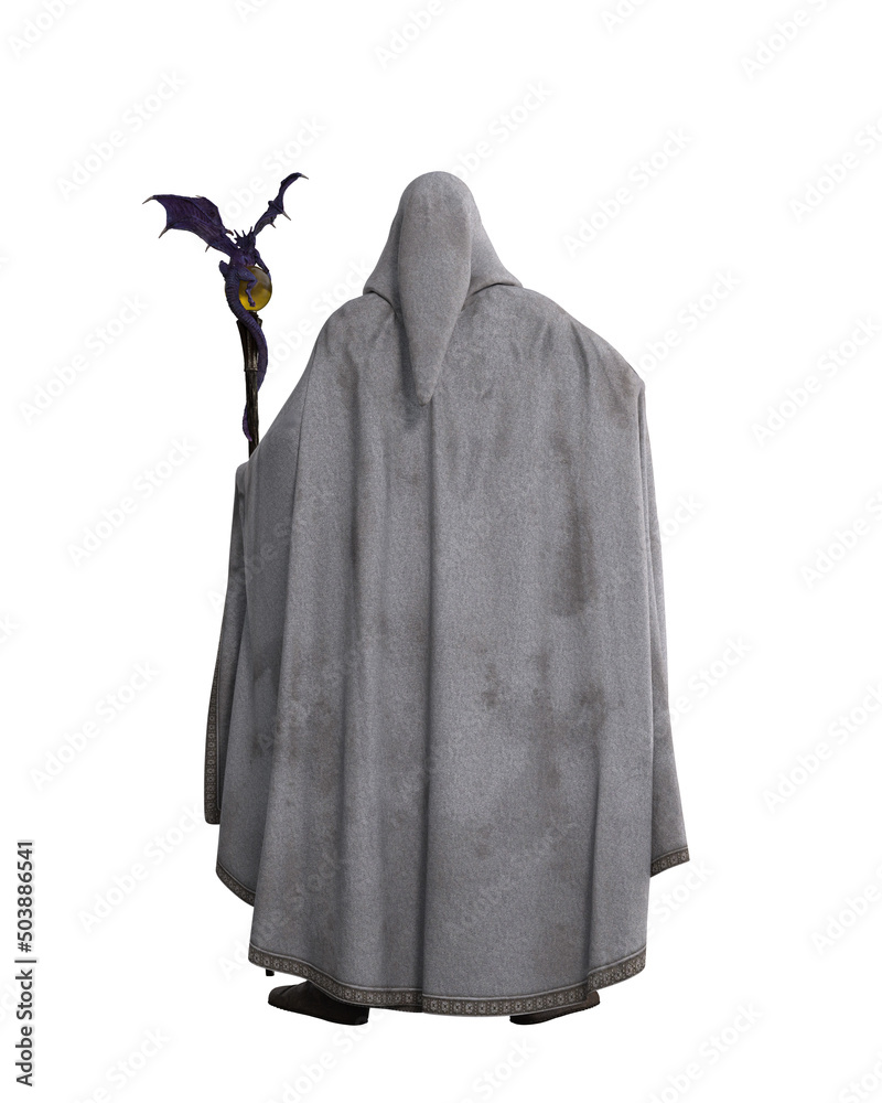 Fantasy wizard or sorcerer standing in a long dirty white cloak with ...