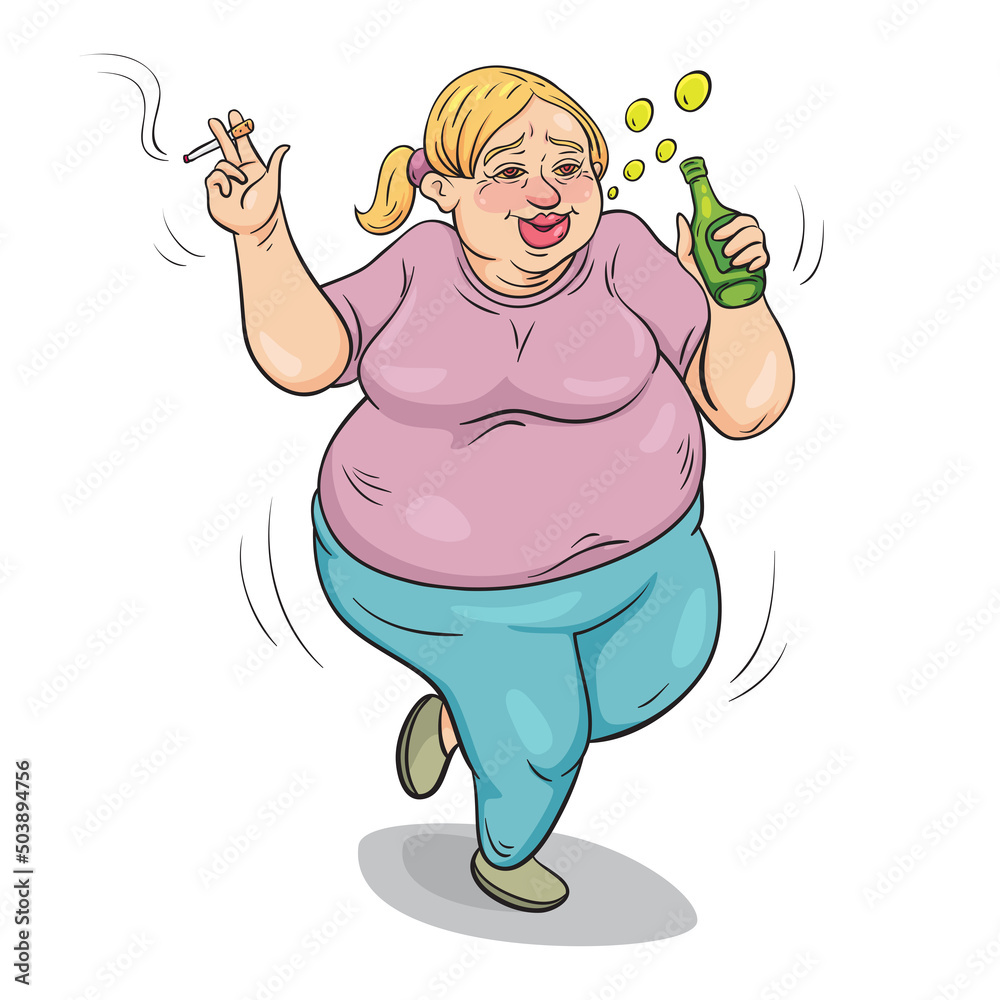 Drunk fat woman with cigarette and wine bottle, illustrator vector ...