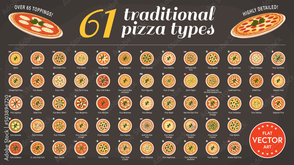 Highly detailed flat vector illustration of a set of 61 traditional ...