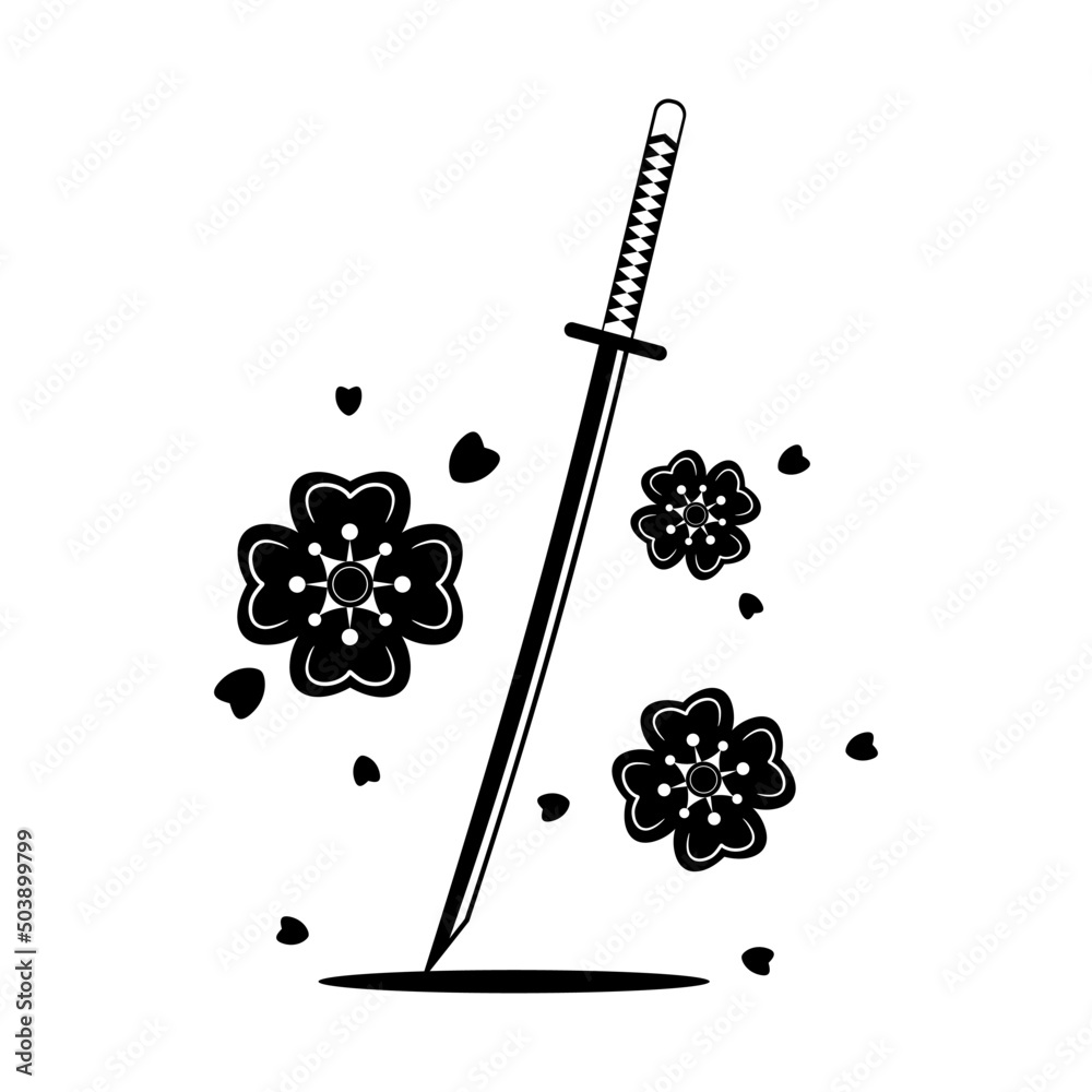 Katana sword samurai with sakura flowers japanese style tattoo flat ...